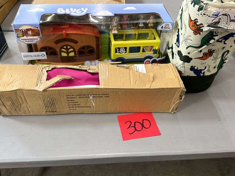MISC KIDS LOT - BLUEY PLAYSET, DINO SLUMBER SET, PINK HARD ARM CHAIR ...
