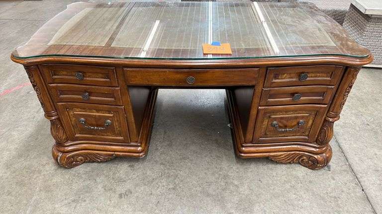 AS IS - MICHAEL AMINI BY AICO WOOD CARVED EXECUTIVE DESK W/ GLASS TOP ...