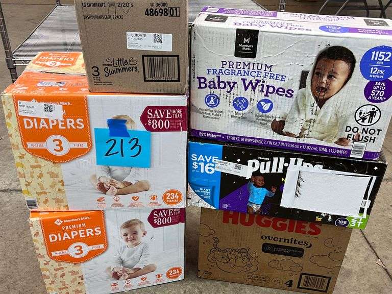 (4) BOXES OF DIAPERS, (1) BOX OF LITTLE SWIMMERS & (1) BOX OF WIPES ...