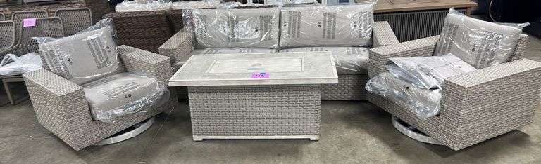 NEW 4PC ALL WEATHER WICKER SUNBRELLA PATIO SET W/ FIRE TABLE - Earl's ...