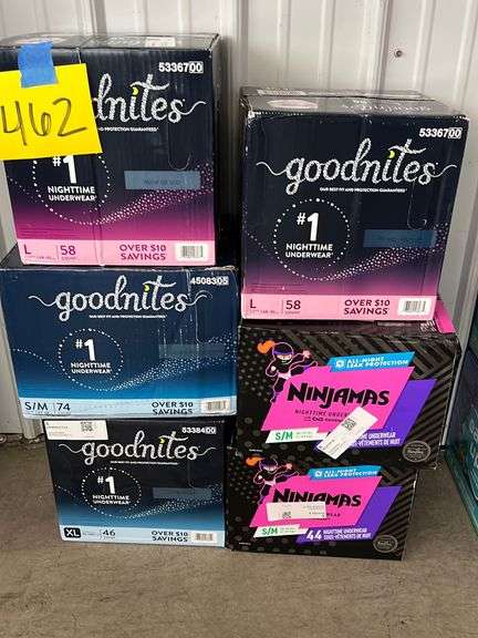(6) BOXES OF GOODNITES/ NINJAMAS - ASSORTED SIZES - Earl's Auction Company