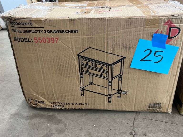 SIMPLICITY 3 DRAWER CHEST IN BOX - Earl's Auction Company
