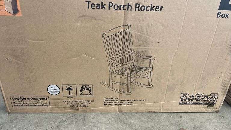 (2) TEAK PORCH ROCKERS IN BOXES - Earl's Auction Company