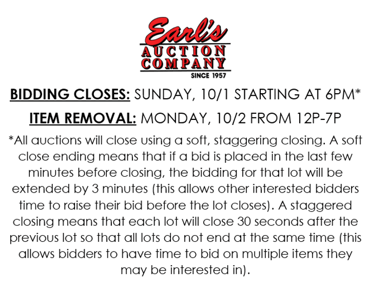 ENDS SUNDAY! ONLINE AUCTION 9/28-10/1 (YELLOW) - Earl's Auction Company