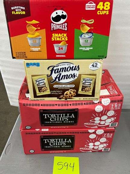 (4) BOXES OF CHIPS/COOKIES - FAMOUS AMOS, PRINGLES & TORTILLA CHIPS ...