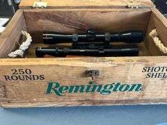 REMINGTON COUNTRY WOODEN AMMO BOX WITH BONUS SCOPES AND KNIFE SHEATHS ...