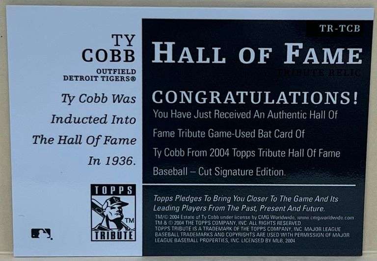 2004 Topps, Ty Cobb Detroit Tigers 1936 Hall Of Fame Patch Card, TR-TCB ...