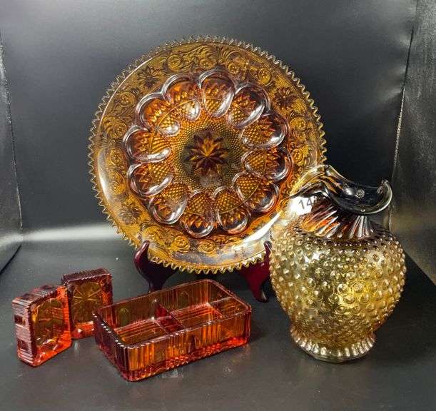 Amber Tiara Glass egg plate and hobnail vase - Estate Rescue Queens
