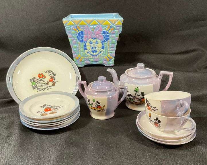 7 Piece Purple Luster Mickey Mouse Tea Set & Mickey Mouse Planter ...