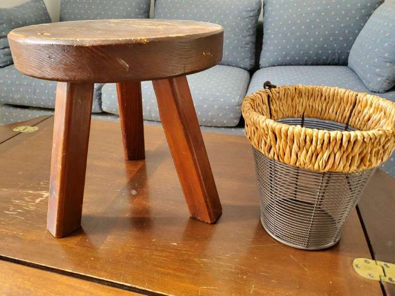 Small Wooden Stool and Wire Basket - Estate Sales RVA