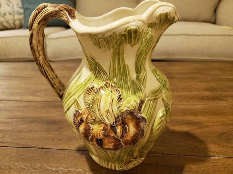 Vintage Embossed Floral Water Pitcher (Signed Pottery) - Estate Sales RVA