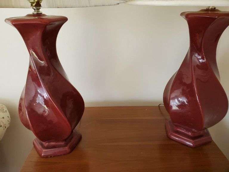 Pair of Burgundy Ceramic Table Lamps - Estate Sales RVA