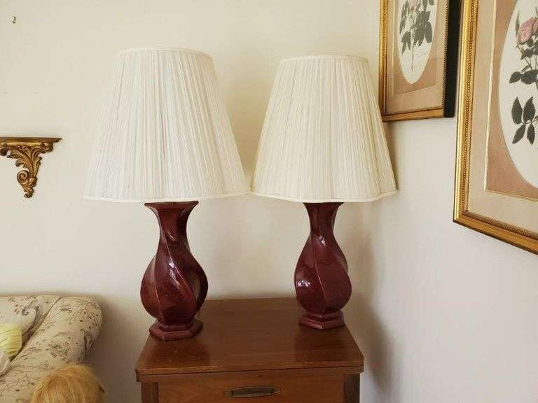 Pair of Burgundy Ceramic Table Lamps - Estate Sales RVA