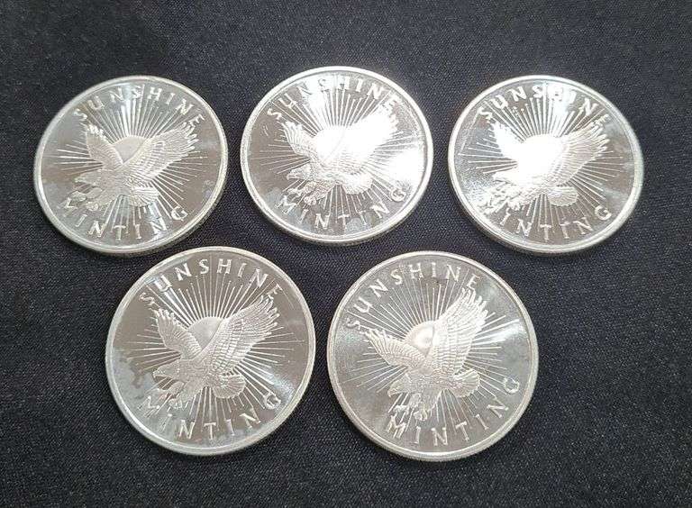 Five - Sunshine Mint Pure Silver Rounds - Auction Services LTD