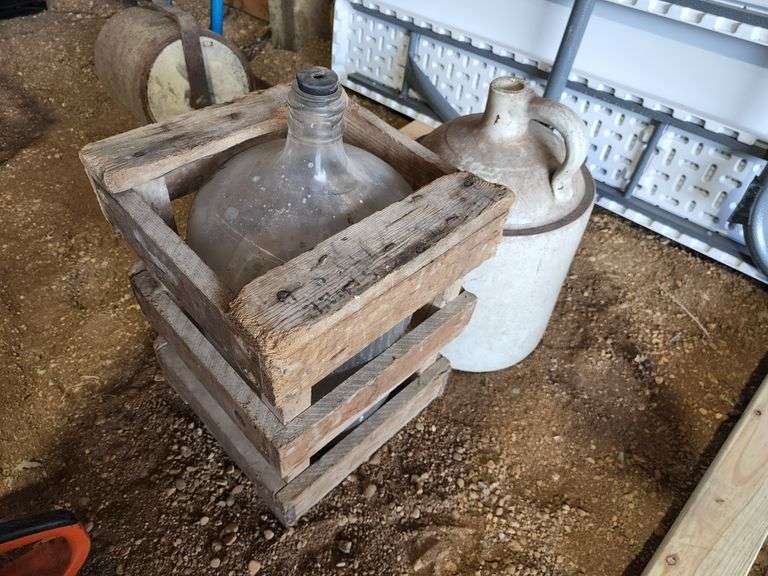 5 Gallon Red Wing Crock and Glass Jug in Wood Crate - Fragodt Auction ...