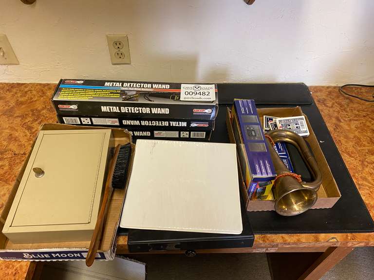 Metal Lock Box, (3) Metal Detector Wands, Brush, (2) Binders, & Other ...