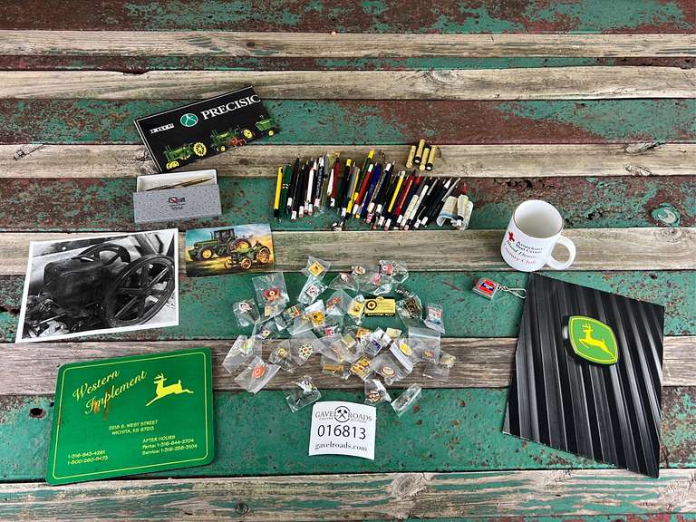 Assorted Supplies - Pens, Mousepad, Picture, Post Card, Mug, John Deere ...