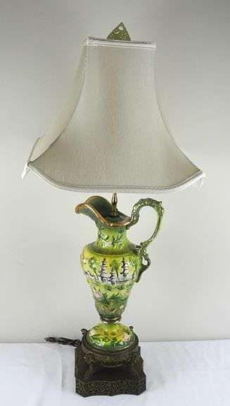 Beautiful 39" Painted Pitcher Lamp with Shade - GC5 Auctions