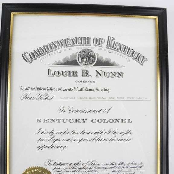 Framed Kentucky Colonel Appointment Certificate - GC5 Auctions