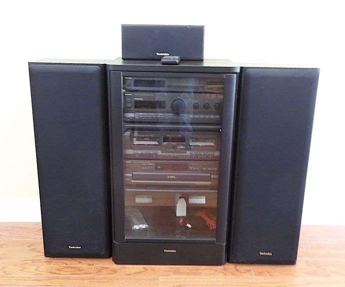 Black Technics Stereo System in Cabinet with Speakers and DVD Changer ...