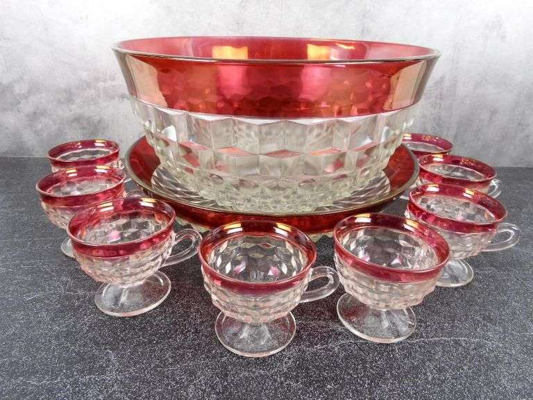 Vintage Indiana Glass Ruby Red Punchbowl with Cups and Underplate - GC5 ...