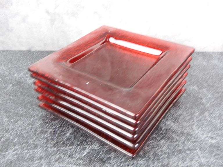 Lot of 6 Small Red Square Glass Plates - GC5 Auctions