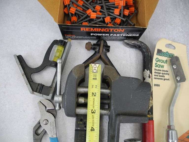 Collection of Tools and Hardware with Bench Mounted Vise, Fasteners ...