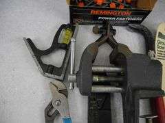 Collection of Tools and Hardware with Bench Mounted Vise, Fasteners ...
