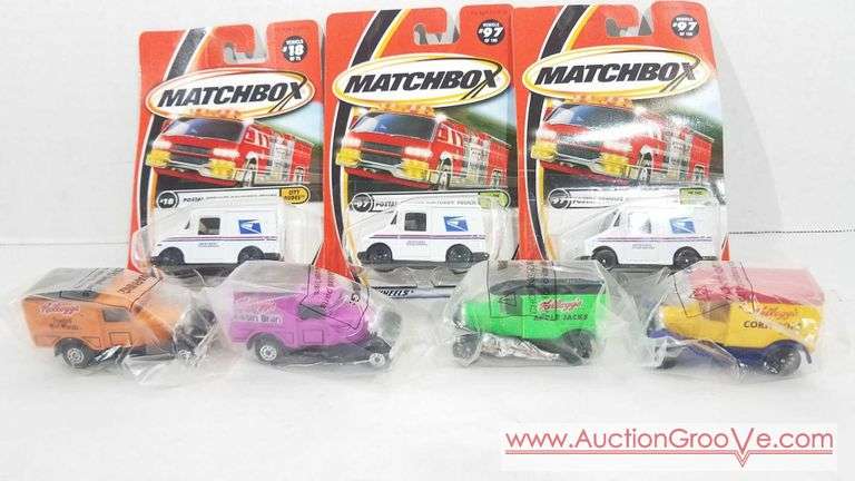 3 Matchbox postal Service delivery trucks new in package and 4 Kellogg ...