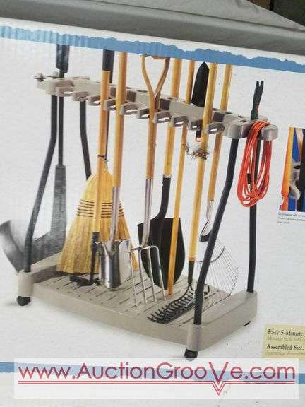 Suncast tool rack with wheels, organizes long and short tools. Model ...