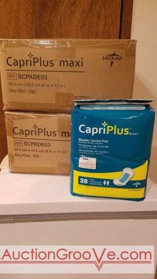Capri Plus maxi bladder control pads. Each unopened box contains 168 ...
