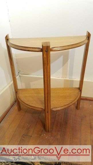 Half moon oak table with two shelves. 22x19x9.5 U5 - AuctionGrooVe.com ...