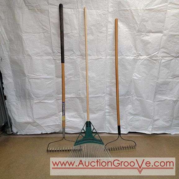 Three Rakes. one is marked Seymour contractor grade tools and one ...