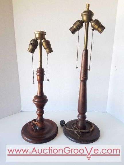 Two table lamps with wooden pedestals and two pull switch lights. Will ...