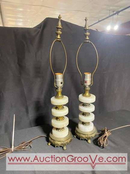 Set of 2 Ivory Alabaster & Brass Mid Century lamps with original ...