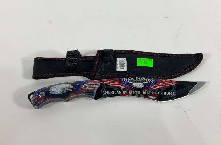 Patriotic biker knife with sheath, 8” blade - Hash Auctions