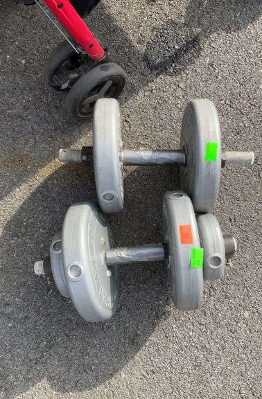 Two Dumbbell weights concrete filled plastic types - Hash Auctions
