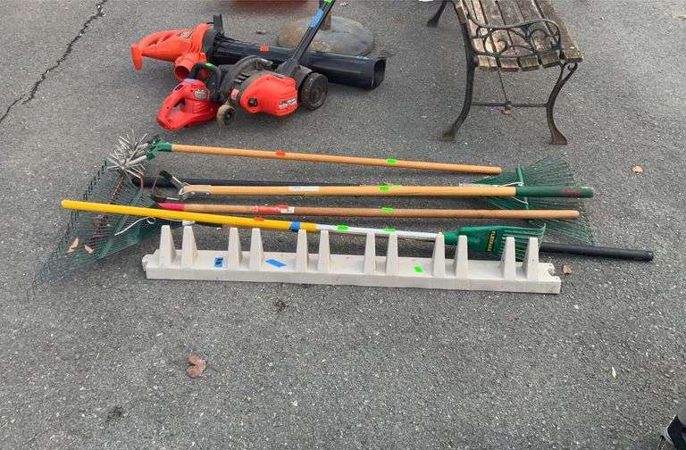 Nice group of Long Handle Tools, leaf rakes, garden rake, weasel type ...