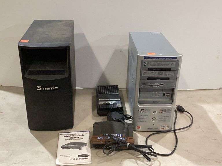 Electronics group, HP computer tower, Kinetic subwoofer, Linksys modem ...