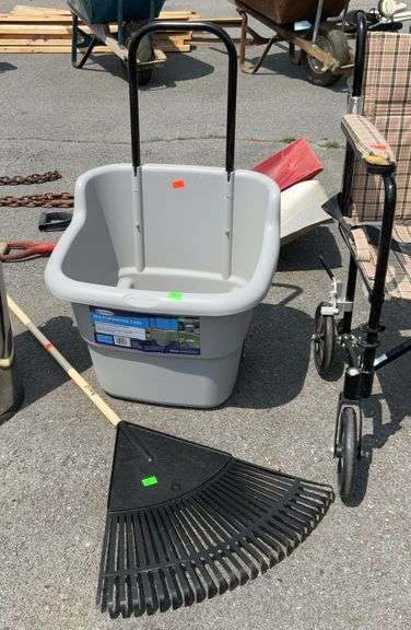 Two pc Gardners lot, leaf rake and new Suncast multi purpose cart ...