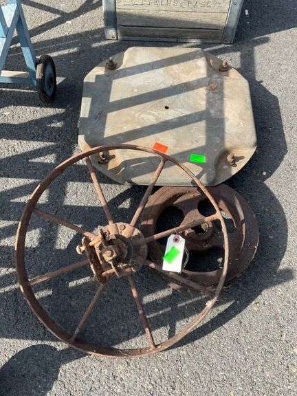 Iron works items lot. Galvanized trash can type dolly, iron wheel ...
