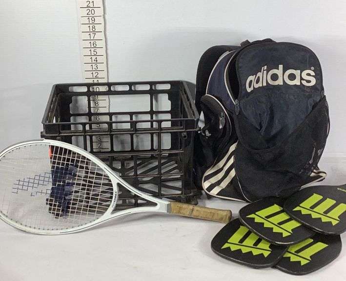 Pickleball paddles and balls, tennis rack and poly milkcrate - Hash ...