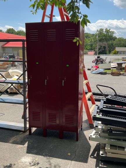 Penco Gym Lockers, three individual lockers, self standing, deep red ...