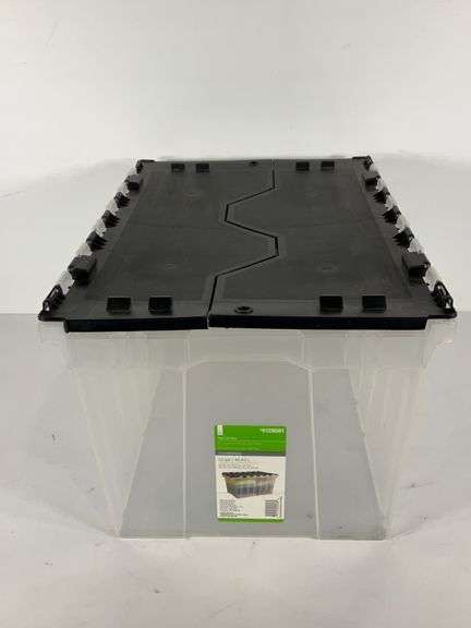 Clear plastic storage tote, 12 gallon,interlocking lid - Hash Auctions