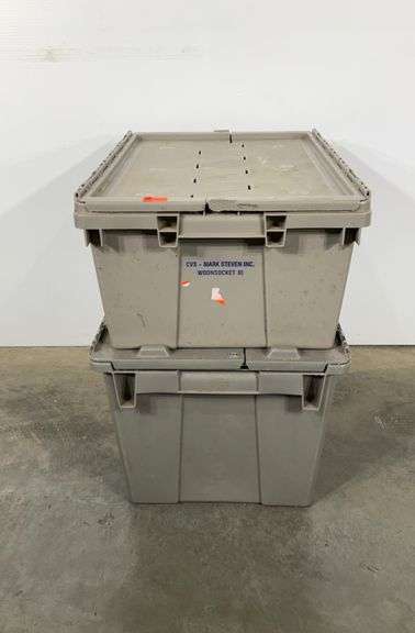 Two plastic storage bins with interlocking lids, largest measures ...
