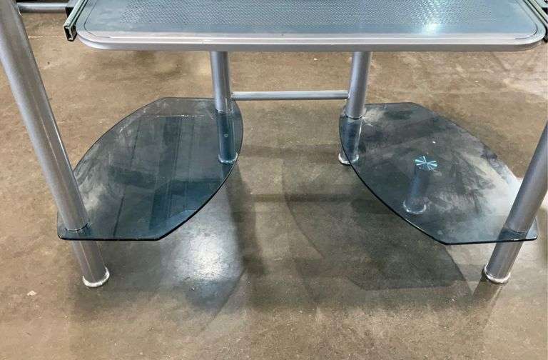 Modern floating glass desk, pull out keyboard tray, needs reinforcement ...