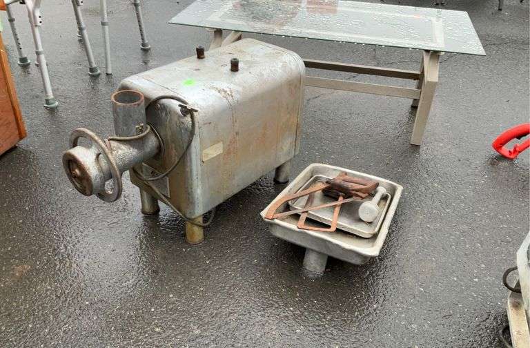 Older commercial Hobart Meat Grinder with tray and two hand meat saws ...
