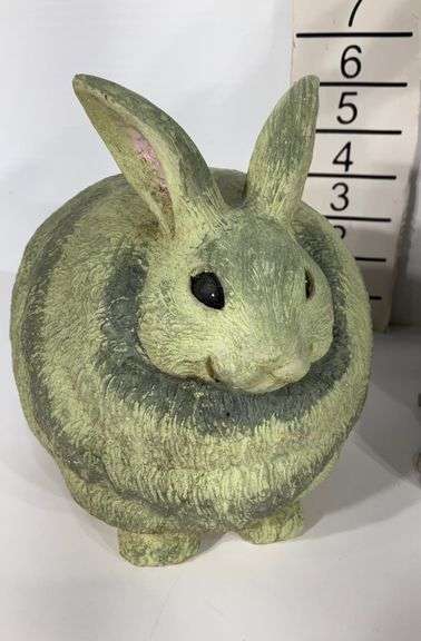 Three resin garden critters, includes a key hiding chubby bunny, a rain ...