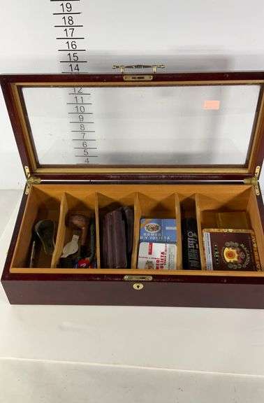 Cedar cigar display box with accessories and collectibles - Hash Auctions