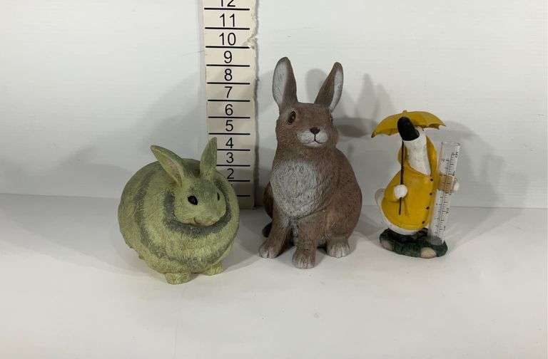 Three resin garden critters, includes a key hiding chubby bunny, a rain ...
